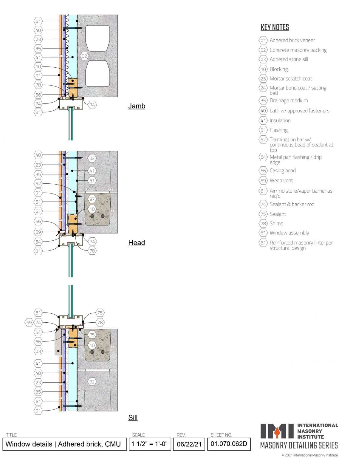 01.070.062D: Window Details | Adhered Brick Veneer, CMU Backing ...